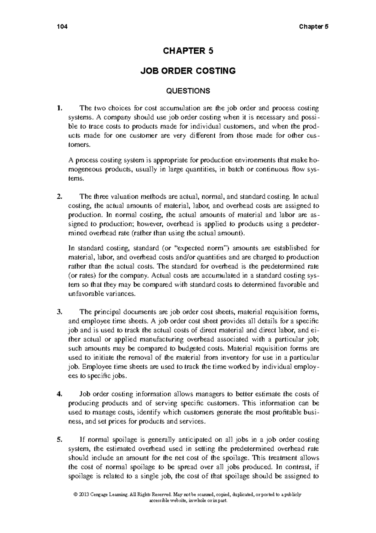 Chapter 5 Raiborn Solutions Manual - CHAPTER 5 JOB ORDER COSTING ...