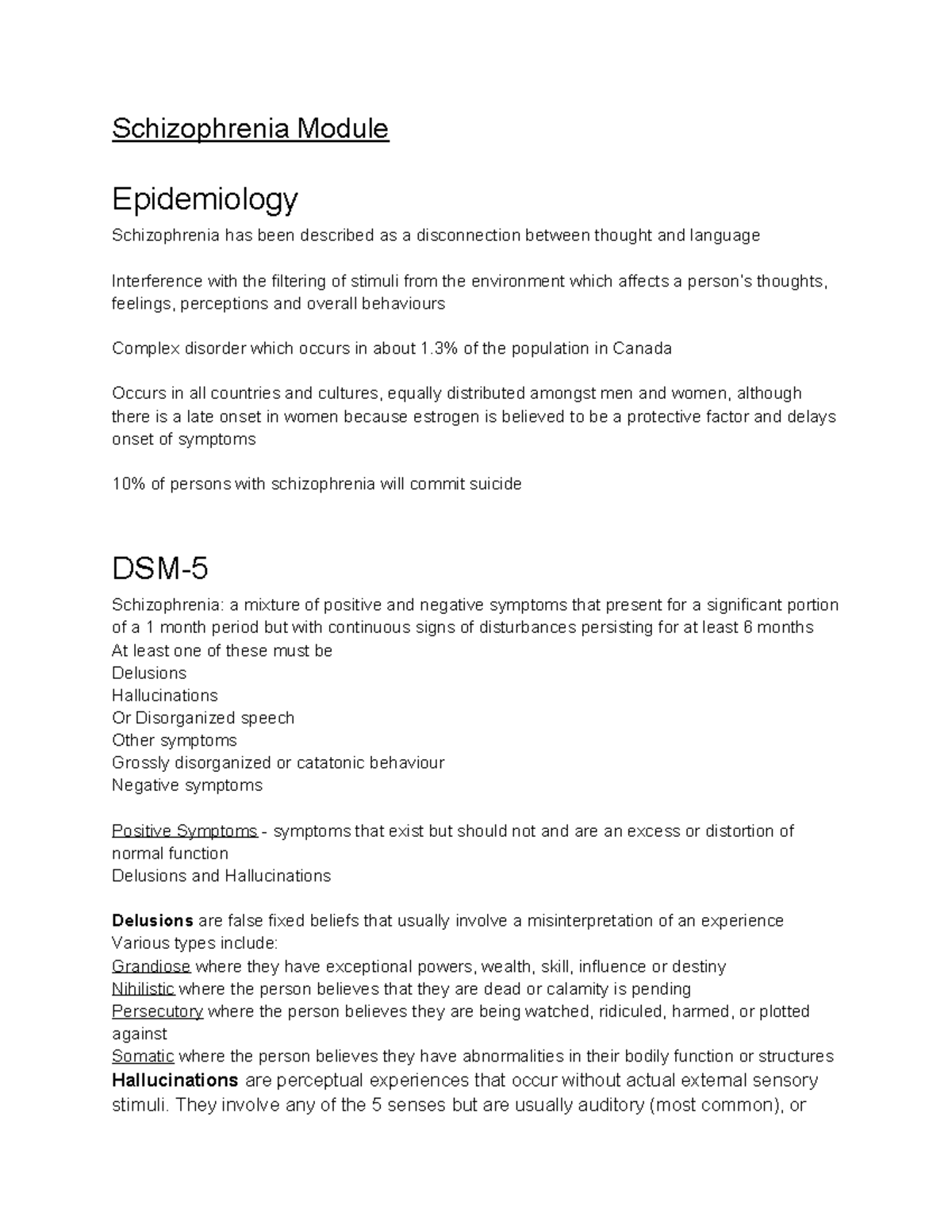 Schizophrenia Module - Schizophrenia Module Epidemiology Schizophrenia ...