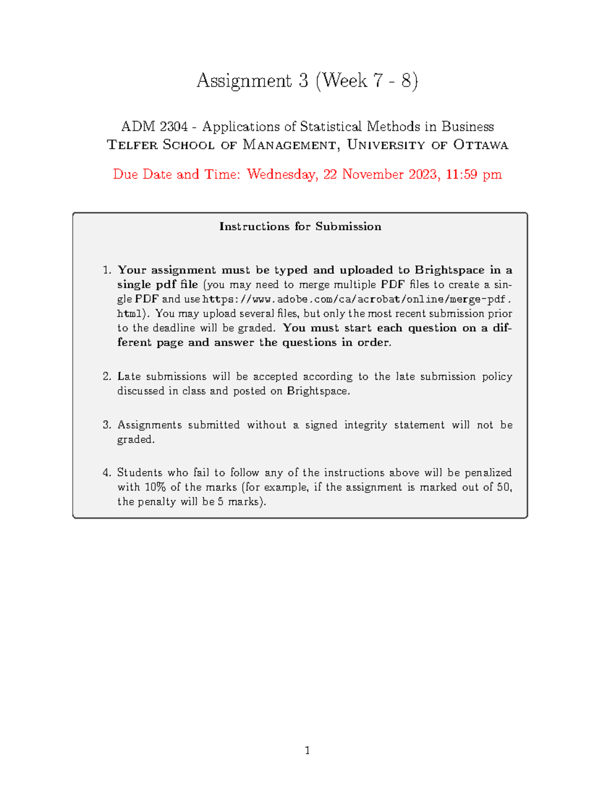 ADM2304 Assignment 3 F23 - Assignment 3 (Week 7 - 8) ADM 2304 ...