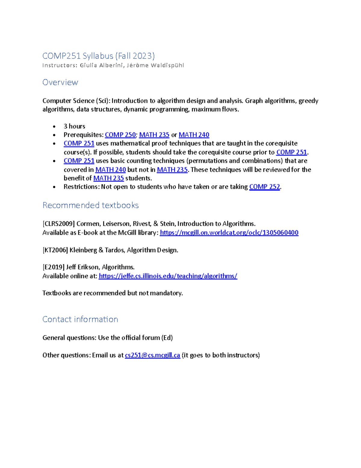 COMP251 Syllabus - Graph algorithms, greedy algorithms, data structures ...