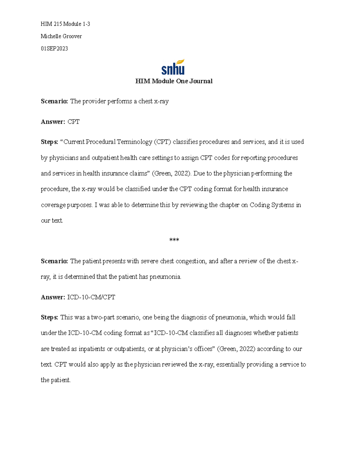 HIM 215 Module 1-3 Journal - Coding Steps - HIM 215 Module 1- Michelle Groover 01SEP HIM Module ...