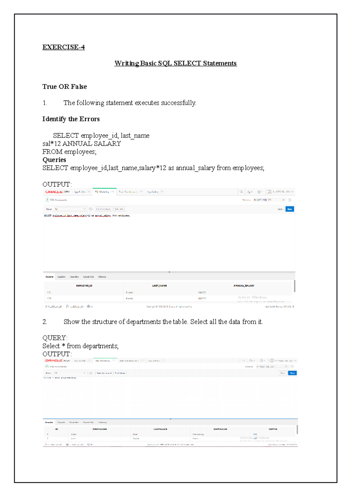 Data Base Management Exercise Exercise Writing Basic Sql Select Statements True Or False The