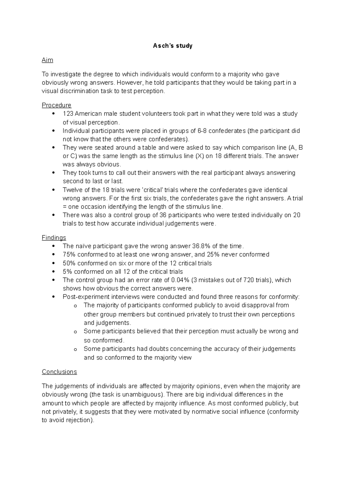1. Asch s study - good - Asch’s study Aim To investigate the degree to ...