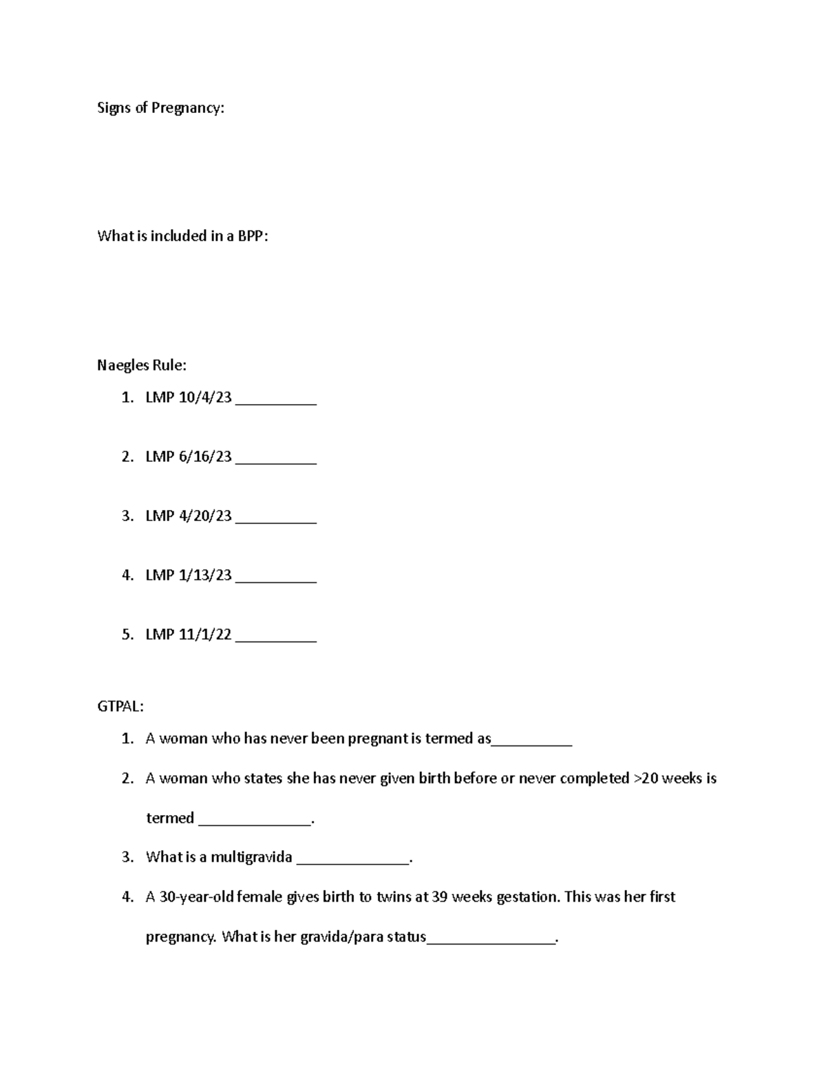 Worksheet 1 - Notes - Signs of Pregnancy: What is included in a BPP ...