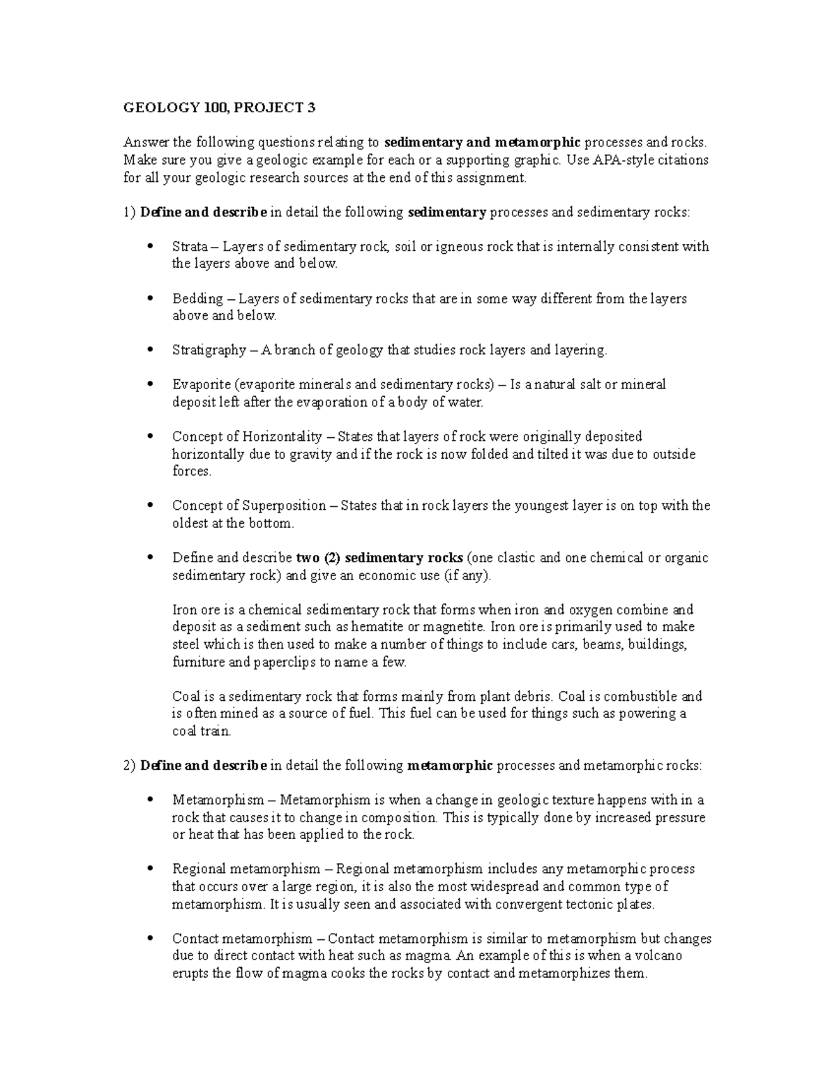 GEOL 100 PROJ 3 18 - GEOL 100 PROJ 3 - GEOLOGY 100, PROJECT 3 Answer ...