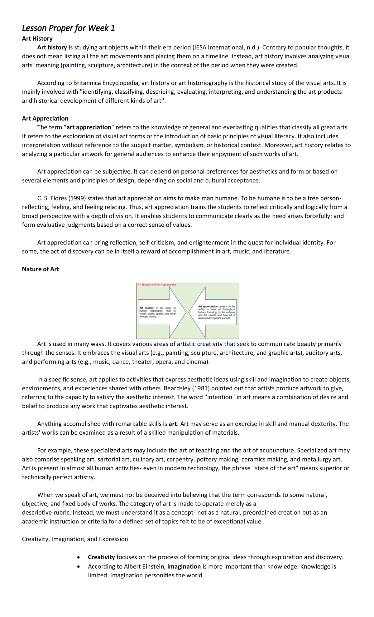 ART w1 5 1 - Lesson Proper for Week 1 Art History Art history is ...