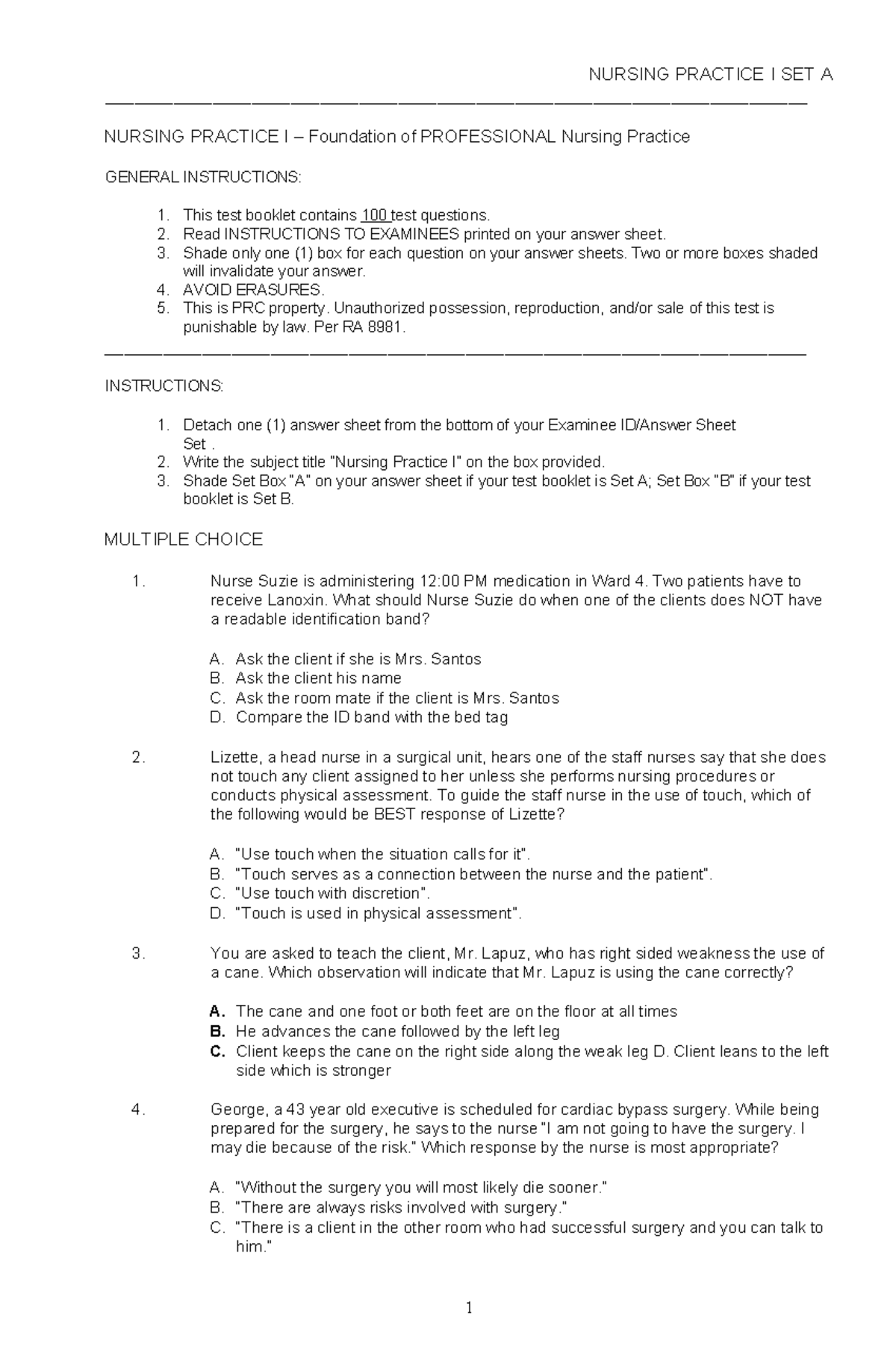 NLE-Compilation-1(Foundation of Prof. Nsg - NURSING PRACTICE I SET A ...