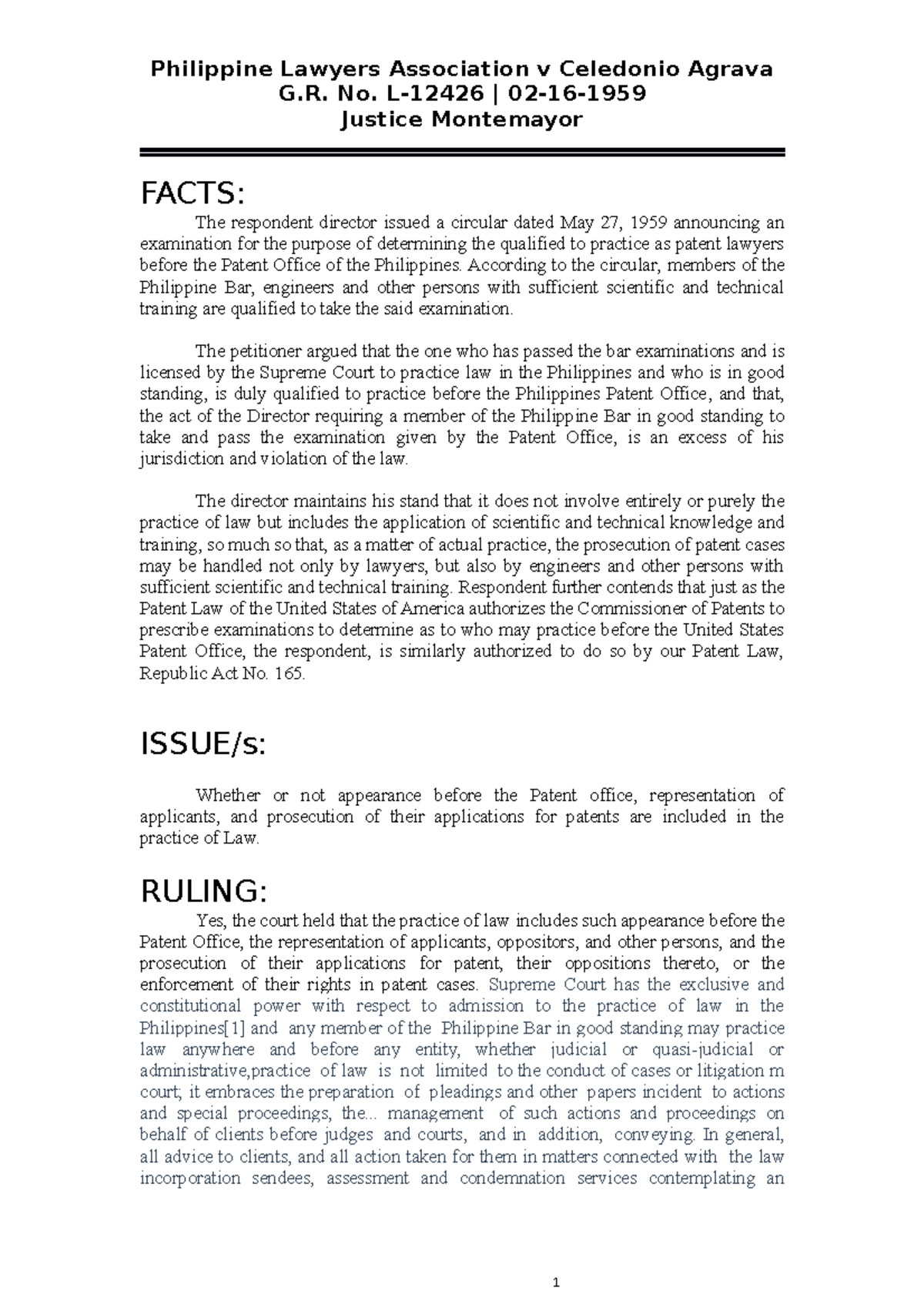 PLA vs. Agrava - case digest - Philippine Lawyers Association v ...