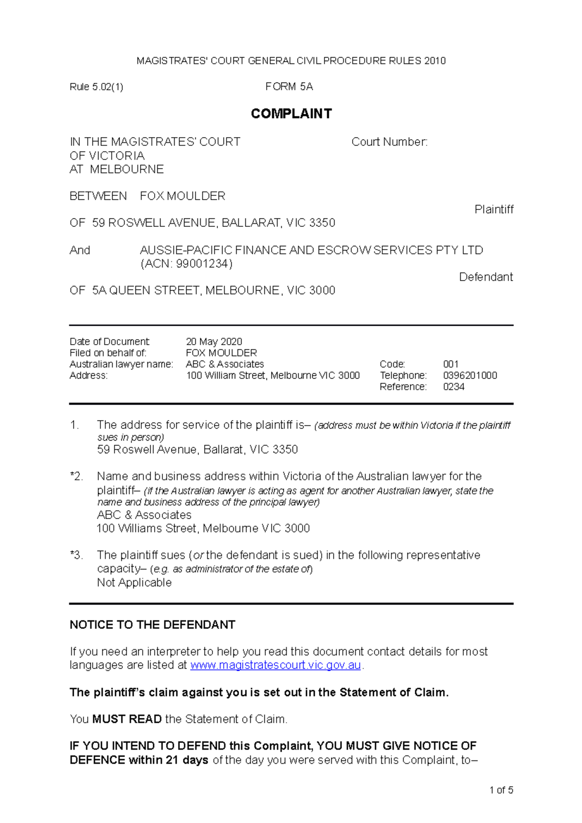 Assessment 2 Part 2(Originating Process and Pleading) Form-5A ...