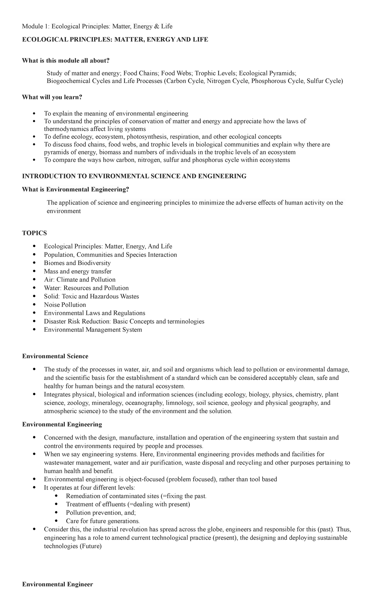 Module 1 - Introduction in Environmental Science and Engineering ...