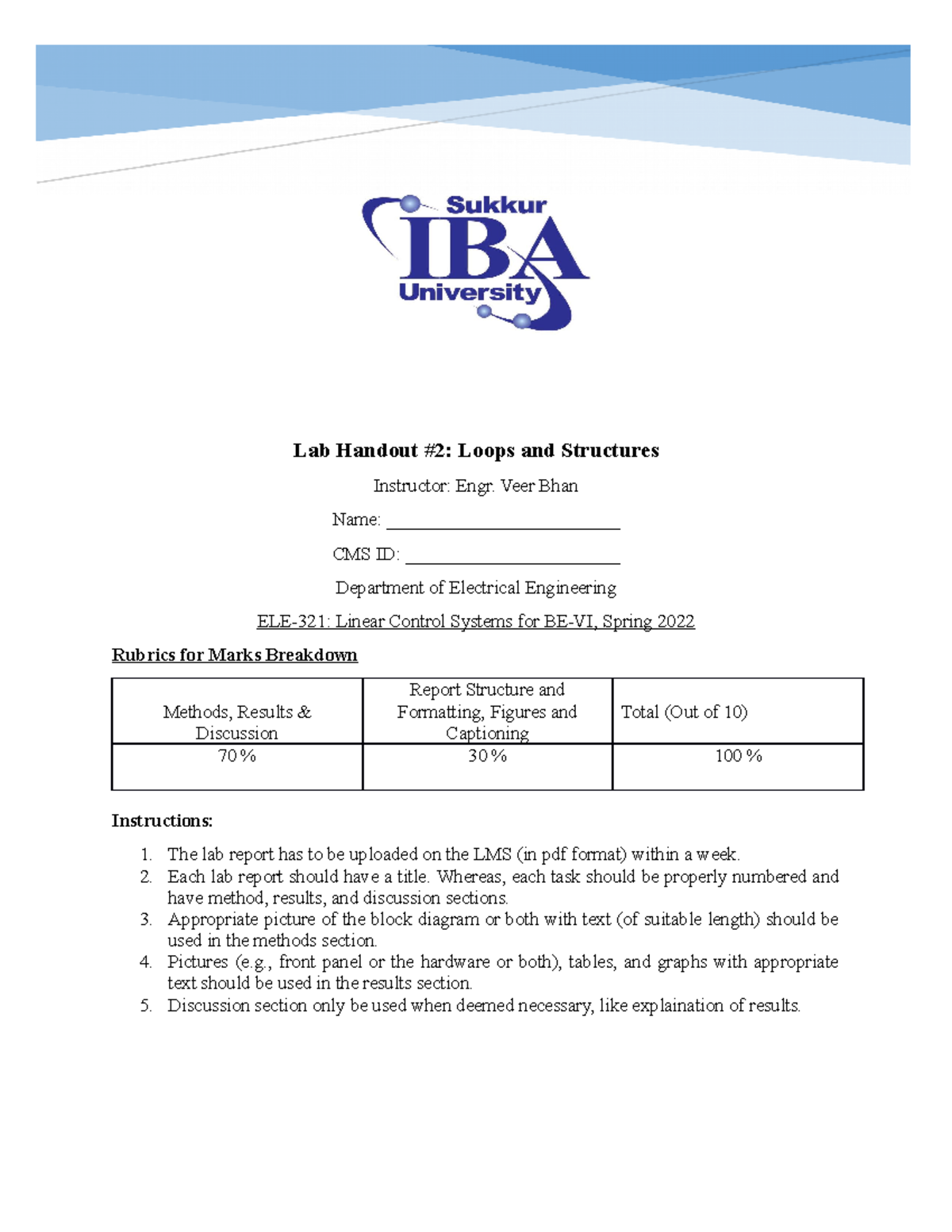 Lab-2 (Loop and Structures) - Lab Handout #2: Loops and Structures Instructor: Engr. Veer Bhan ...