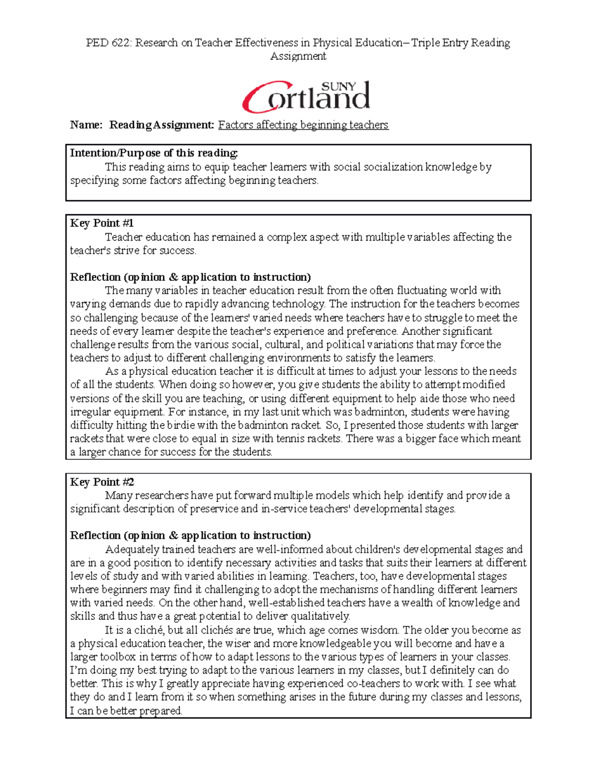 Week 7 Triple entry form cortland PED 622 Factors affecting beginning ...