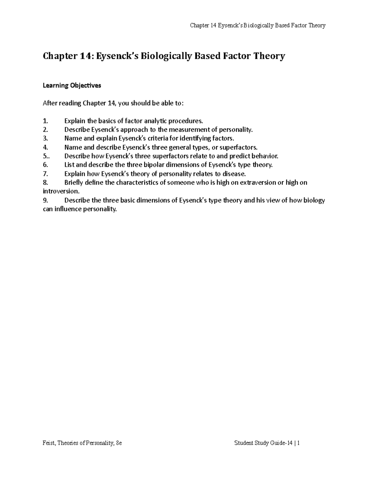 Feist 8e SG ch14 - vub 2BA - Chapter 14 Eysenck’s Biologically Based ...