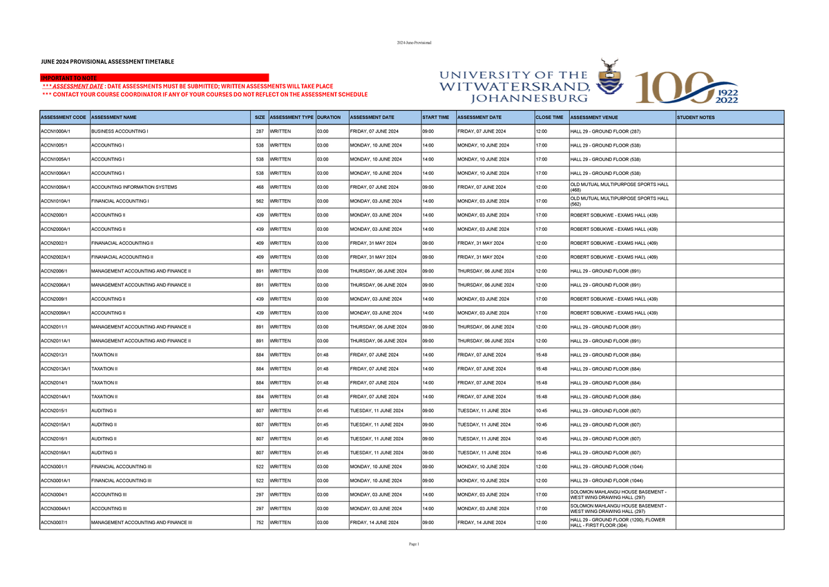 JUNE 2024 Provisional Assessment Timetable - JUNE 2024 PROVISIONAL ASSESSMENT TIMETABLE ...