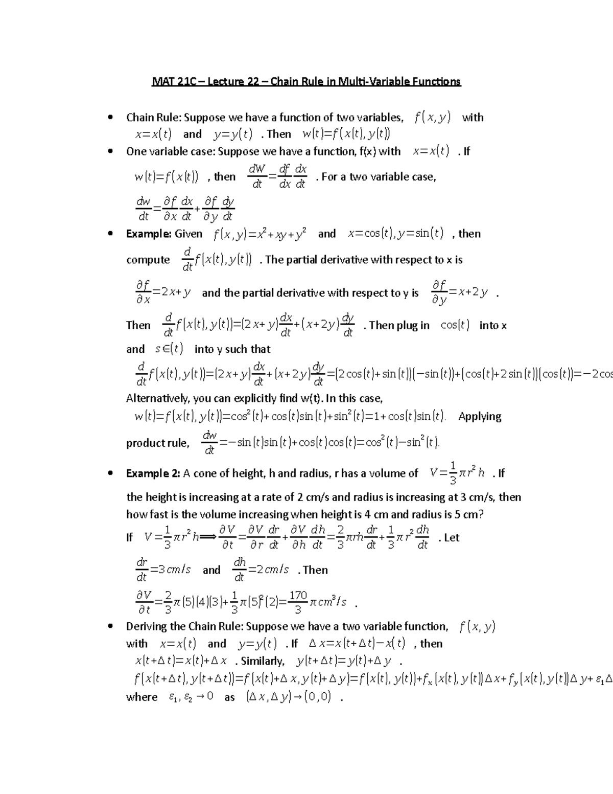 Mat 21c Lecture 22 Chain Rule In Multi Variable Functions Mat 21c Lecture 22 Chain Rule In