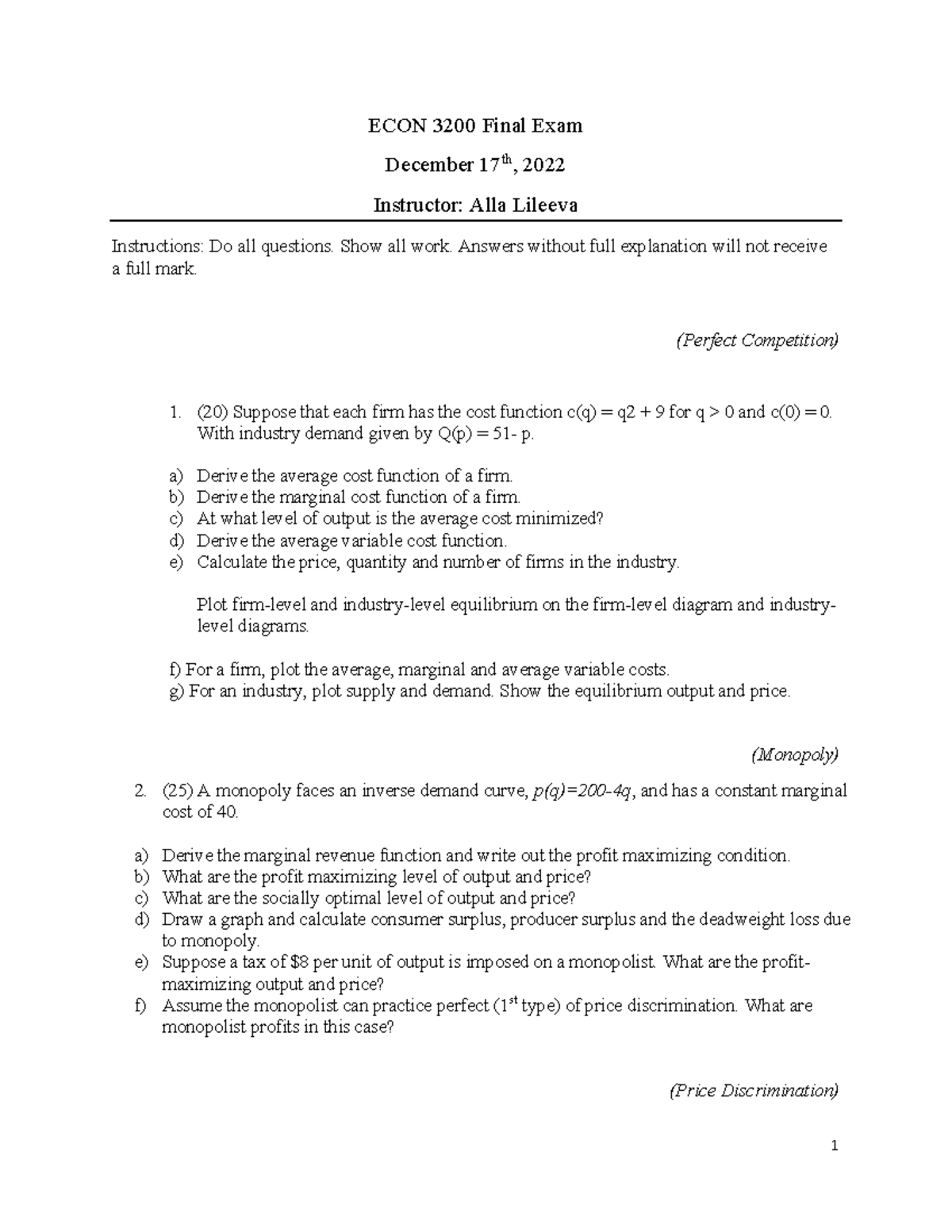3200 final 22F - 1 ECON 3200 Final Exam December 17th, 2022 Instructor: Alla Lileeva ...