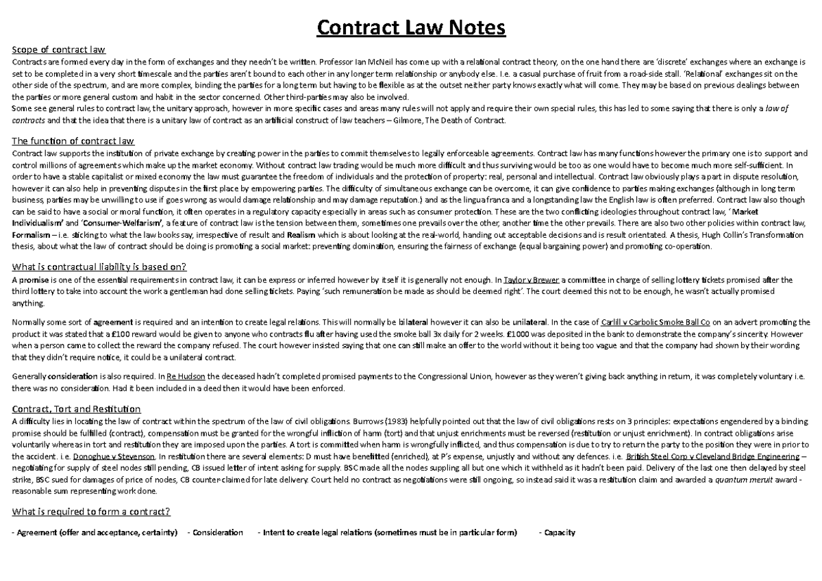 Contract Notes - Contract Law Notes Scope of contract law Contracts are ...