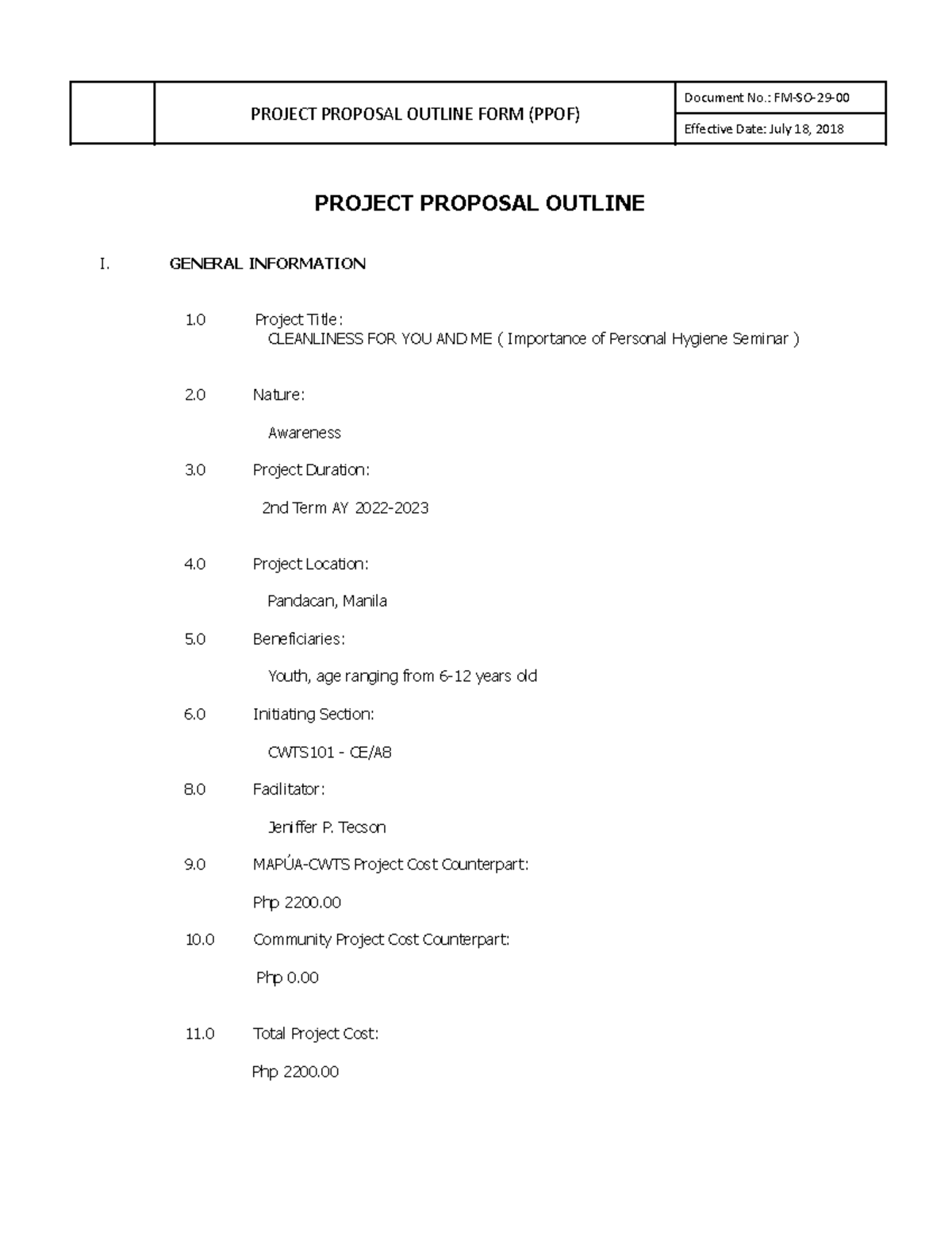 Project Proposal Outline - PROJECT PROPOSAL OUTLINE I. GENERAL ...