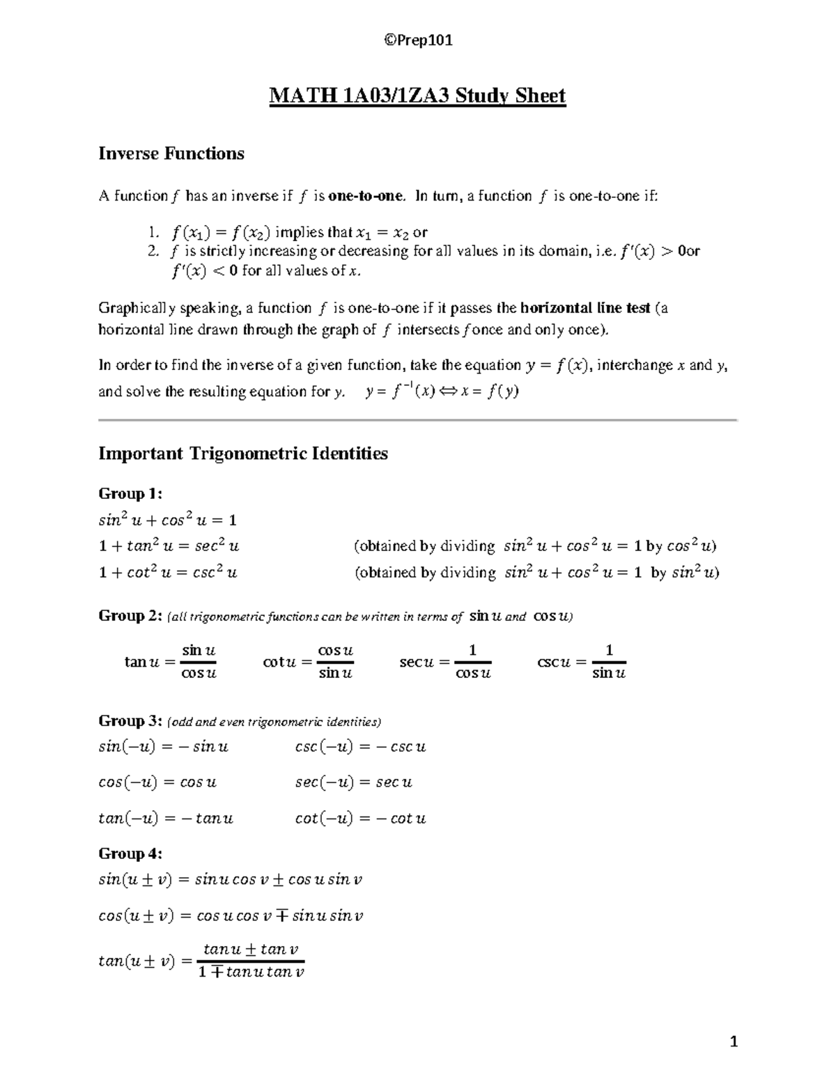 MATH 1A03 1ZA3 Exam Fall 2019 Saeid - MATH 1A03/1ZA3 Study Sheet ...