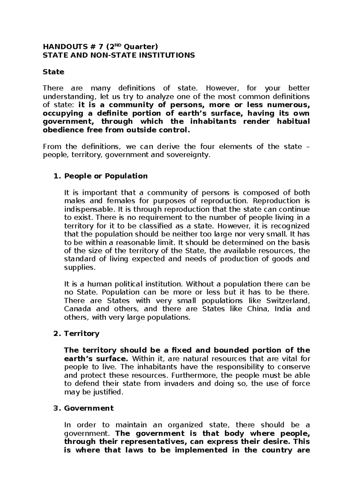 Handouts 7 State AND NON State Institutions - HANDOUTS # 7 (2ND Quarter ...