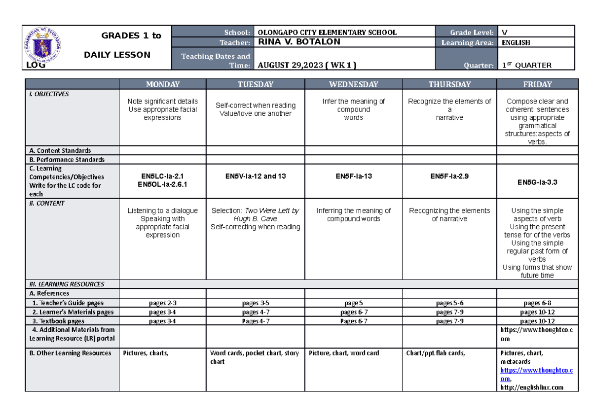 Q1 WK 1 - DAILY LESSON LOG - GRADES 1 to 12 DAILY LESSON LOG School ...