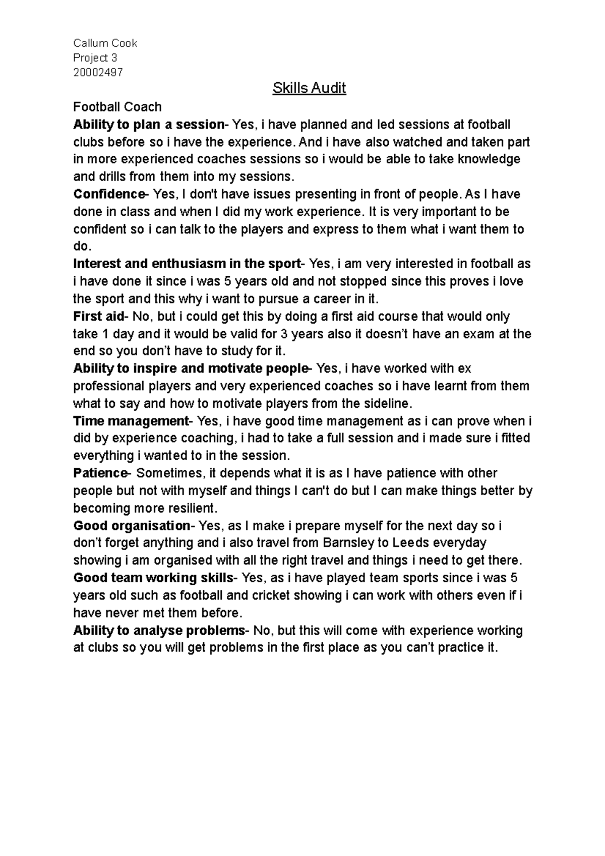 Skills Audit - sports - Callum Cook Project 3 20002497 Skills Audit ...