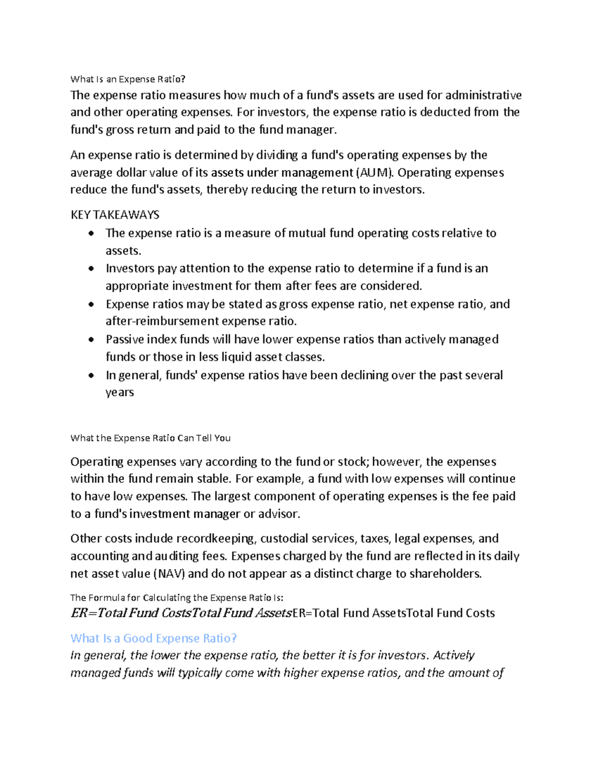 Expense Ratio - Lecture Notes - What Is an Expense Ratio? The expense ...