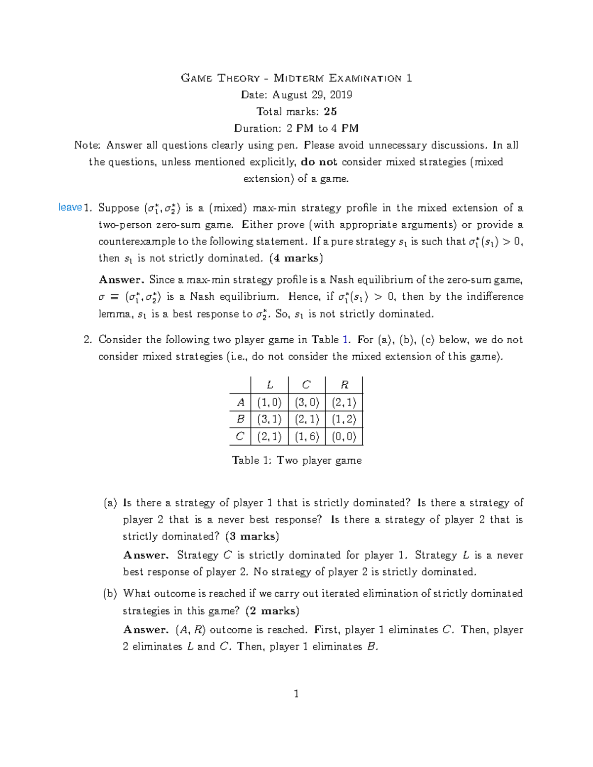 Đề tham khảo 3 - Problems and Solutions - Game Theory - Midterm Examination 1 Date: August 29 ...