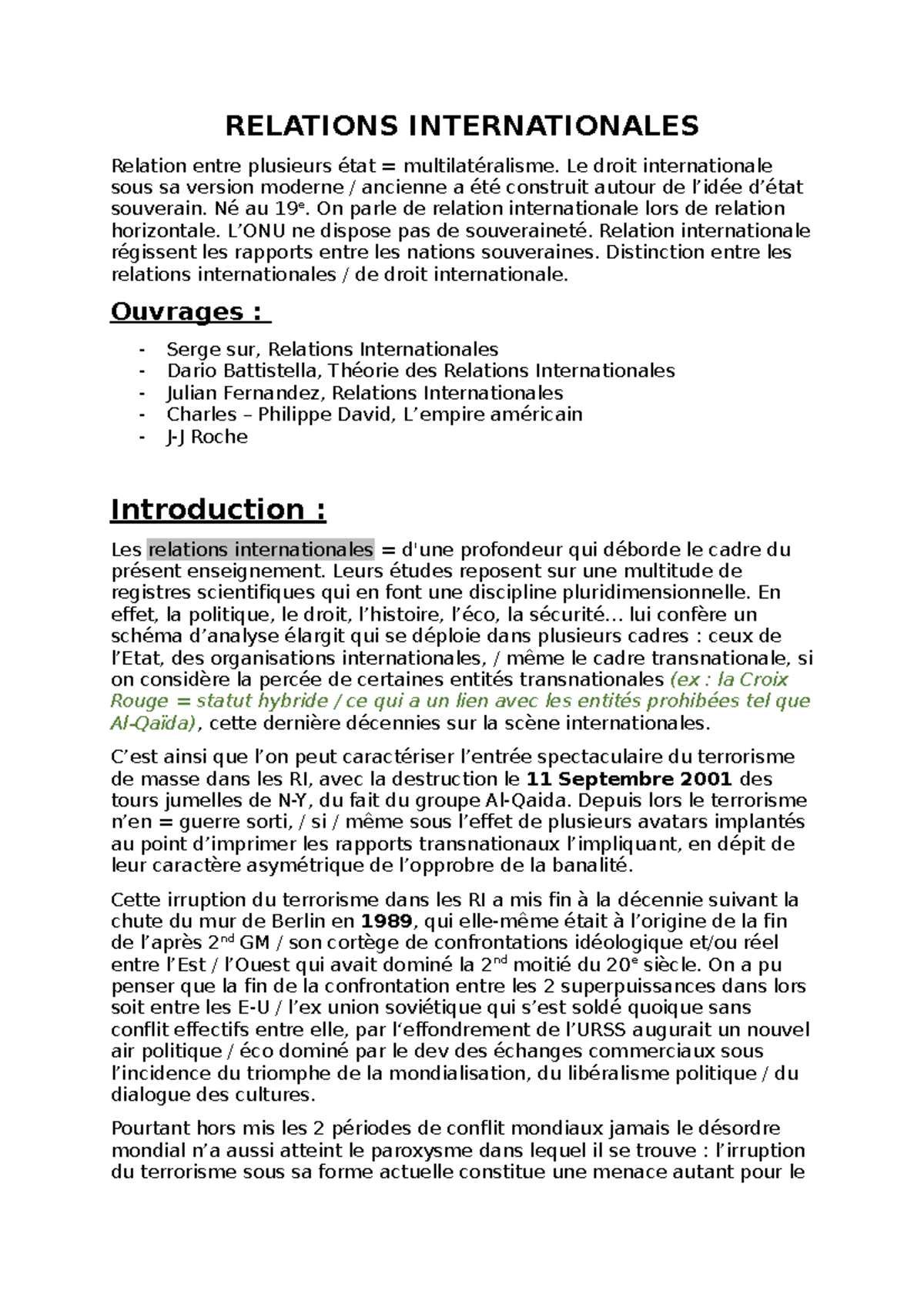 Relations Internationales - RELATIONS INTERNATIONALES Relation entre plusieurs état = - Studocu