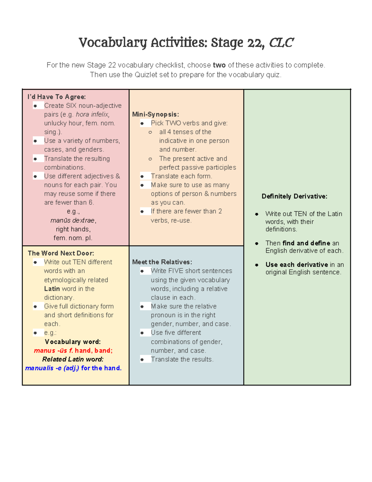 Latin II Vocabulary Activities CLC Unit III - Vocabulary Activities ...