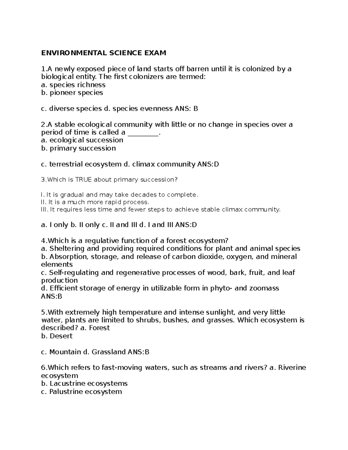 Environmental Science EXAM - ENVIRONMENTAL SCIENCE EXAM 1 newly exposed ...