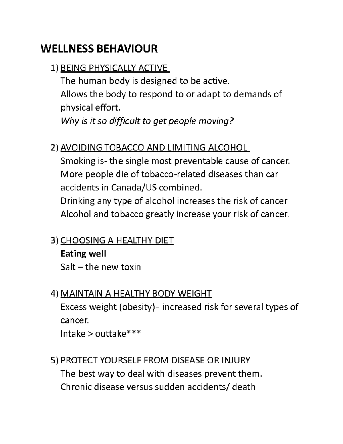 Wellness Behaviour - notes - WELLNESS BEHAVIOUR 1) BEING PHYSICALLY ...