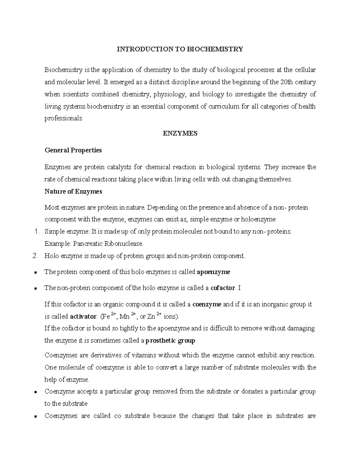 Biochemistry lecture notes - INTRODUCTION TO BIOCHEMISTRY Biochemistry ...