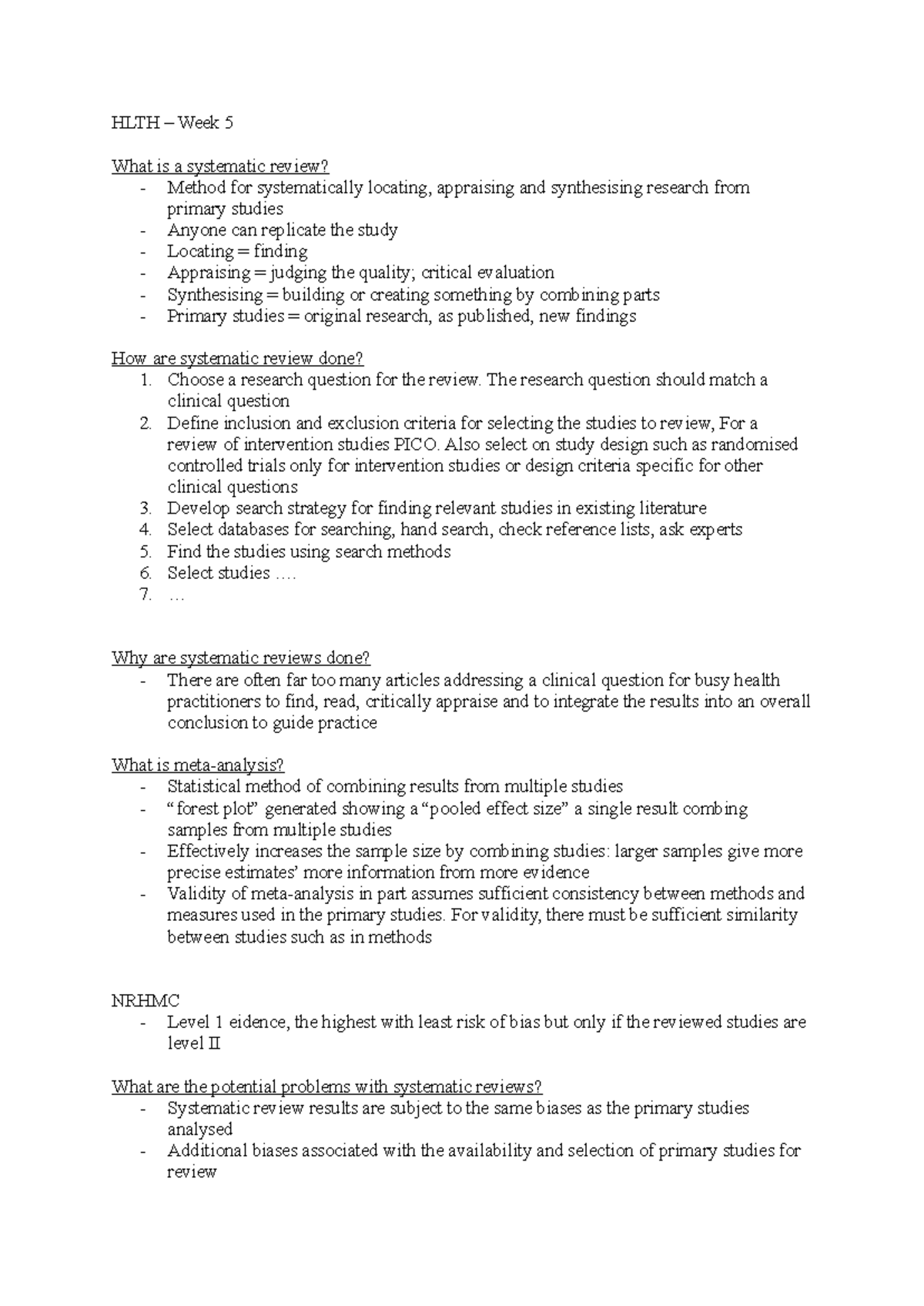 HLTH - Week 5 - Lecture/Tutorial notes - HLTH – Week 5 What is a ...