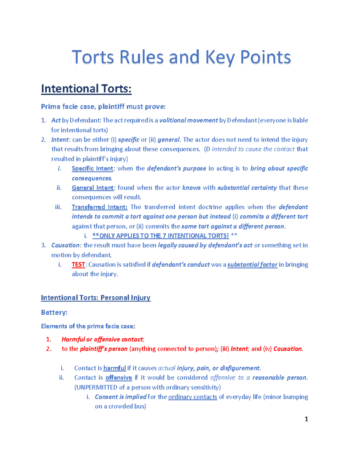 Torts Rules and Key Points - Intentional Torts: Prima facie case ...