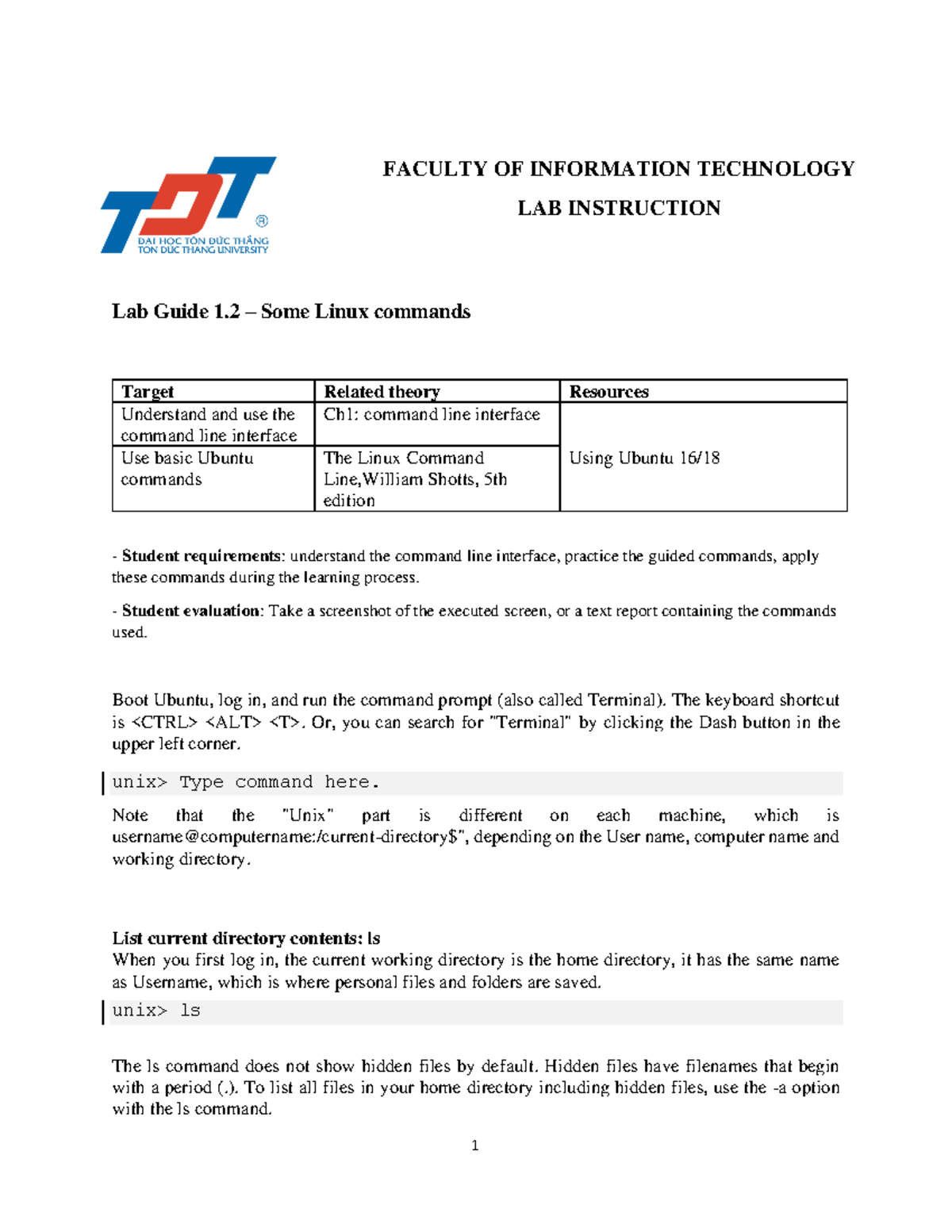 1.2-VN-Linux Commands - FACULTY OF INFORMATION TECHNOLOGY LAB INSTRUCTION Lab Guide 1 – Some ...