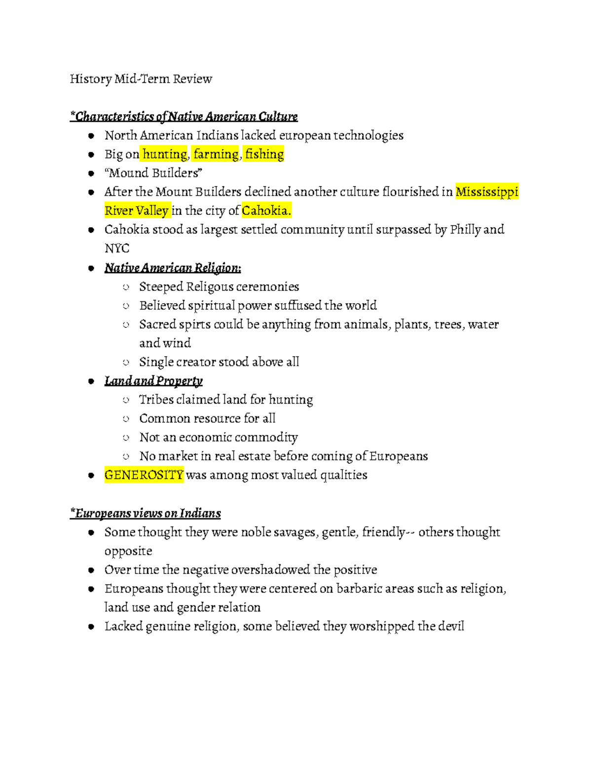 History Review Sheet - History Mid-Term Review *Characteristics of ...