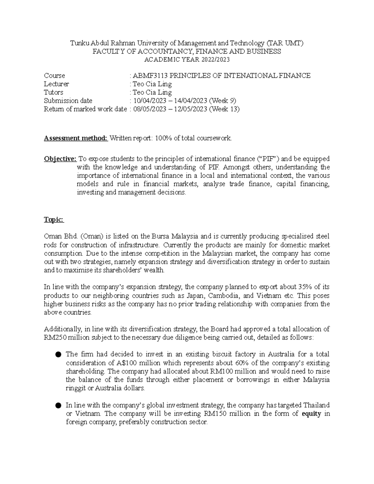 Coursework 3113 202301 - Tunku Abdul Rahman University of Management ...