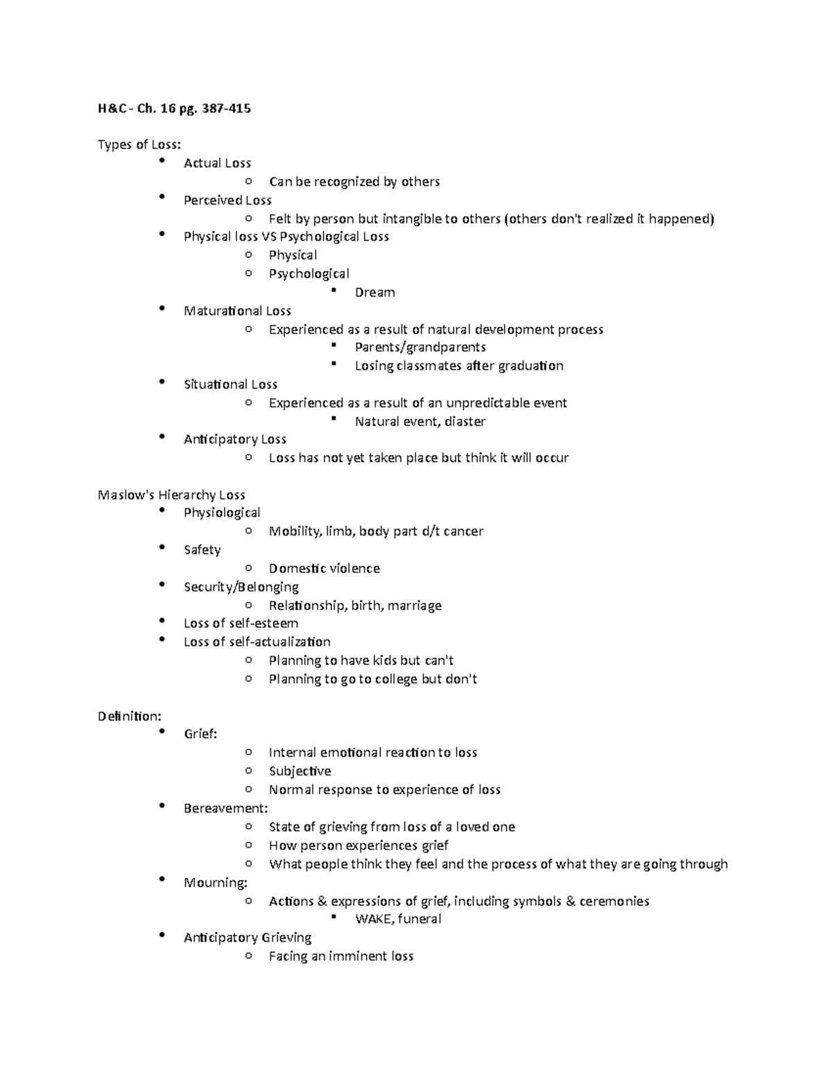 Loss, Death & Grieving - Exam 4 - H&C - Ch. 16 pg. 387- Types of Loss ...