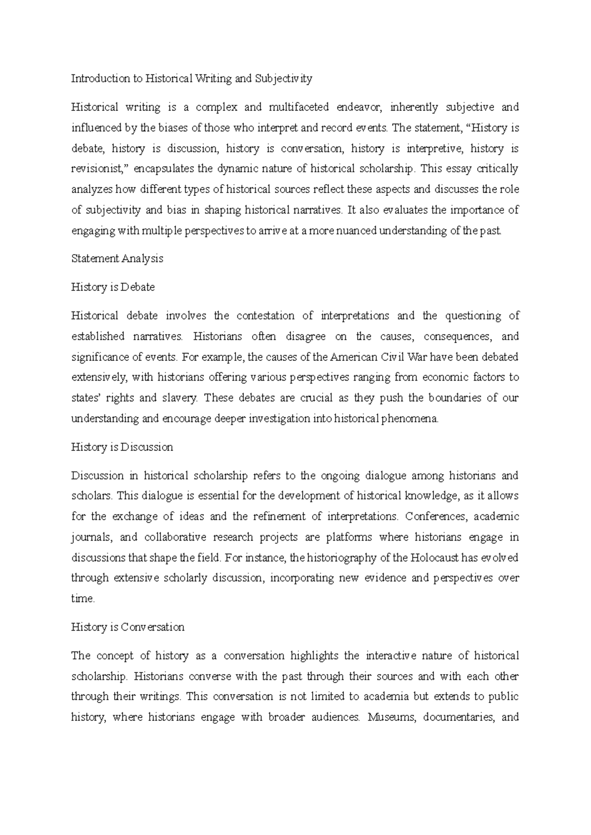 Introduction to Historical Writing and Subjectivity - The statement ...