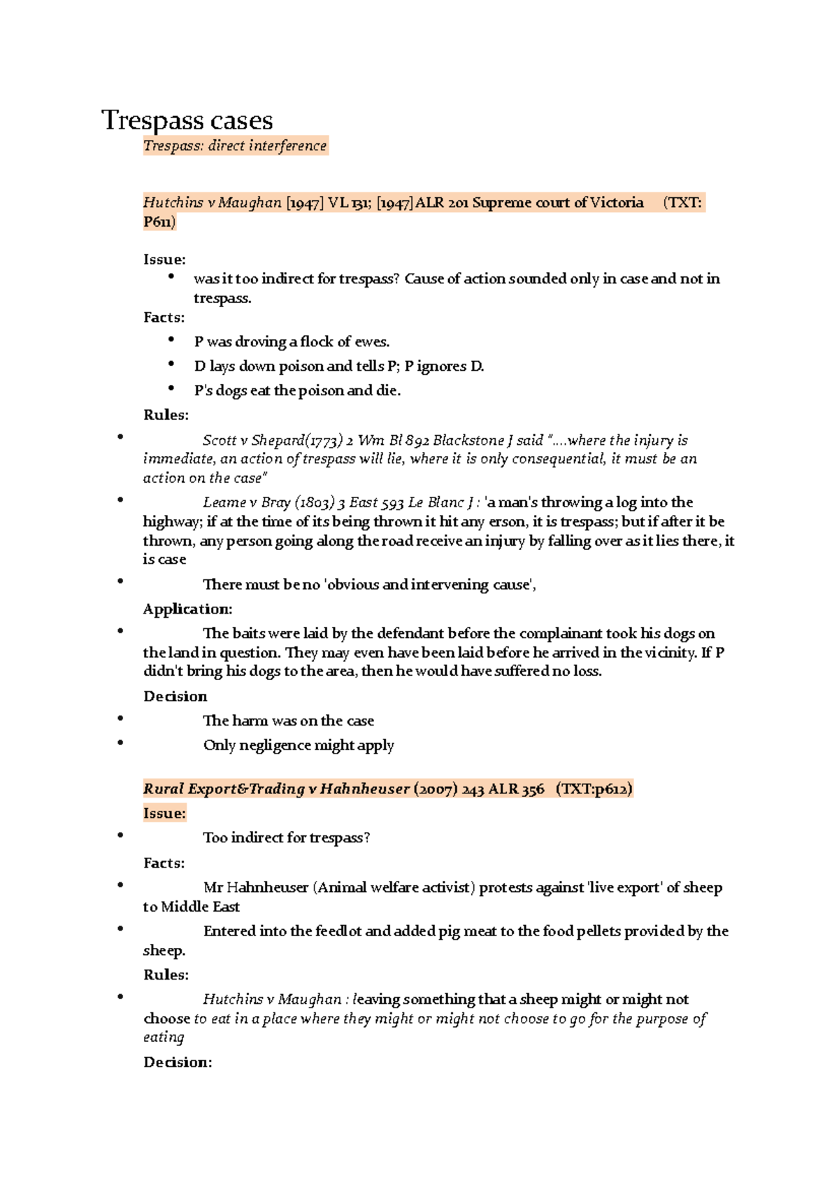 Summary Torts: Cases and Commentary lecture Week 1 to Week 4 - Trespass ...