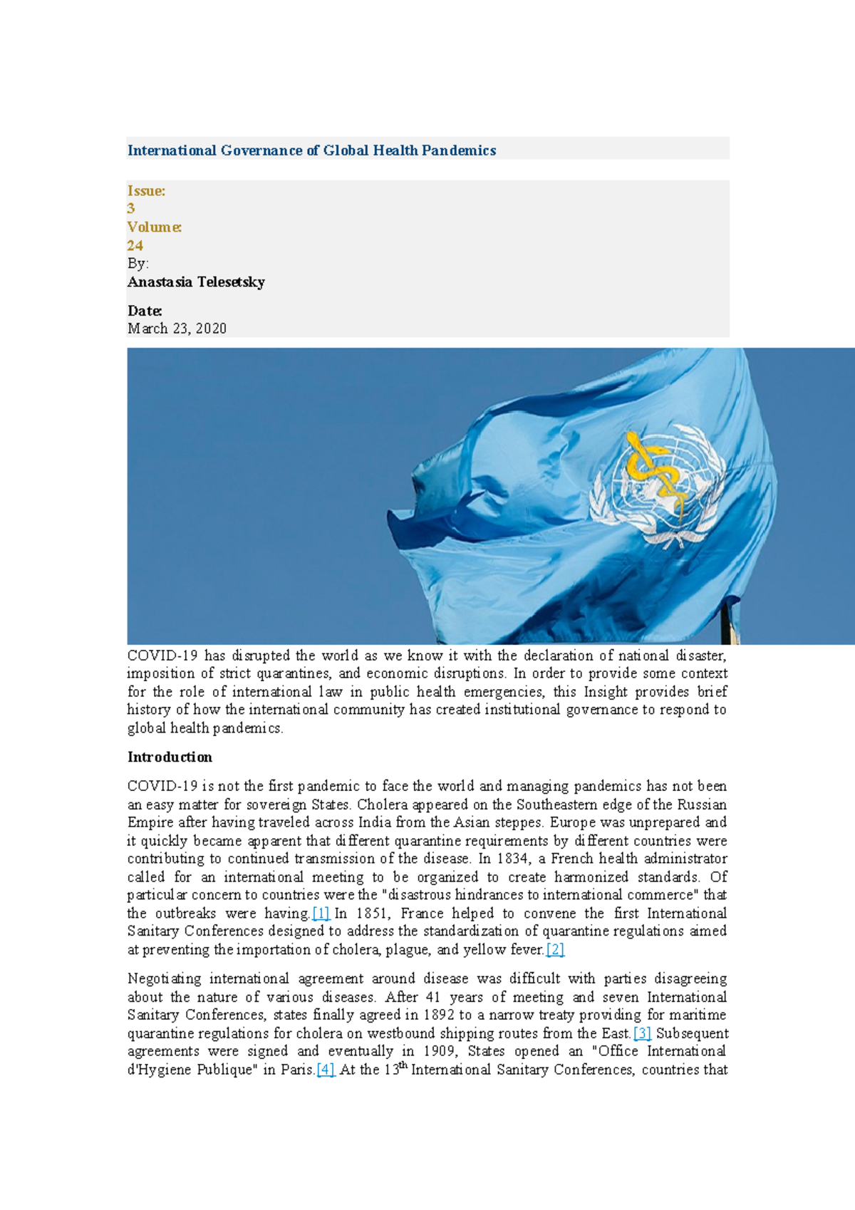 International Protection of Global Health (ASIL Insight) 2020 - International Governance of ...