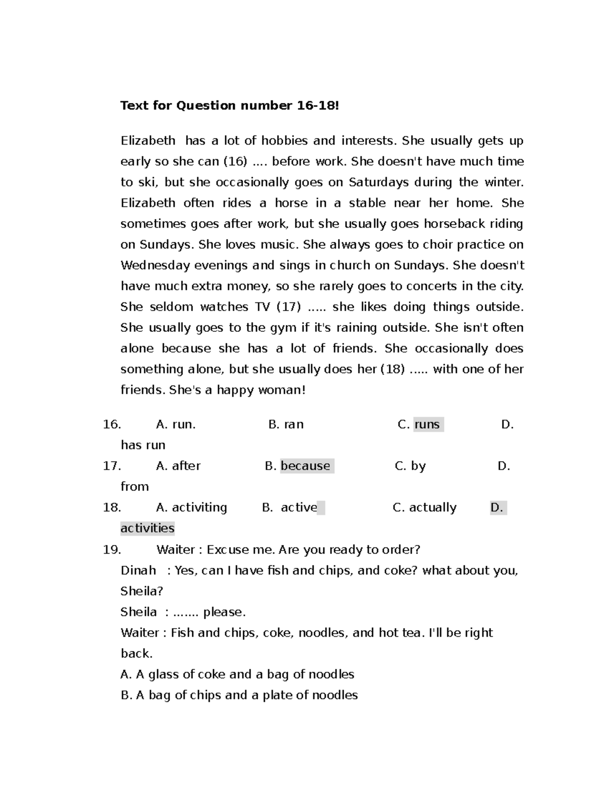English Test 3 Students exam - Text for Question number 16-18 ...