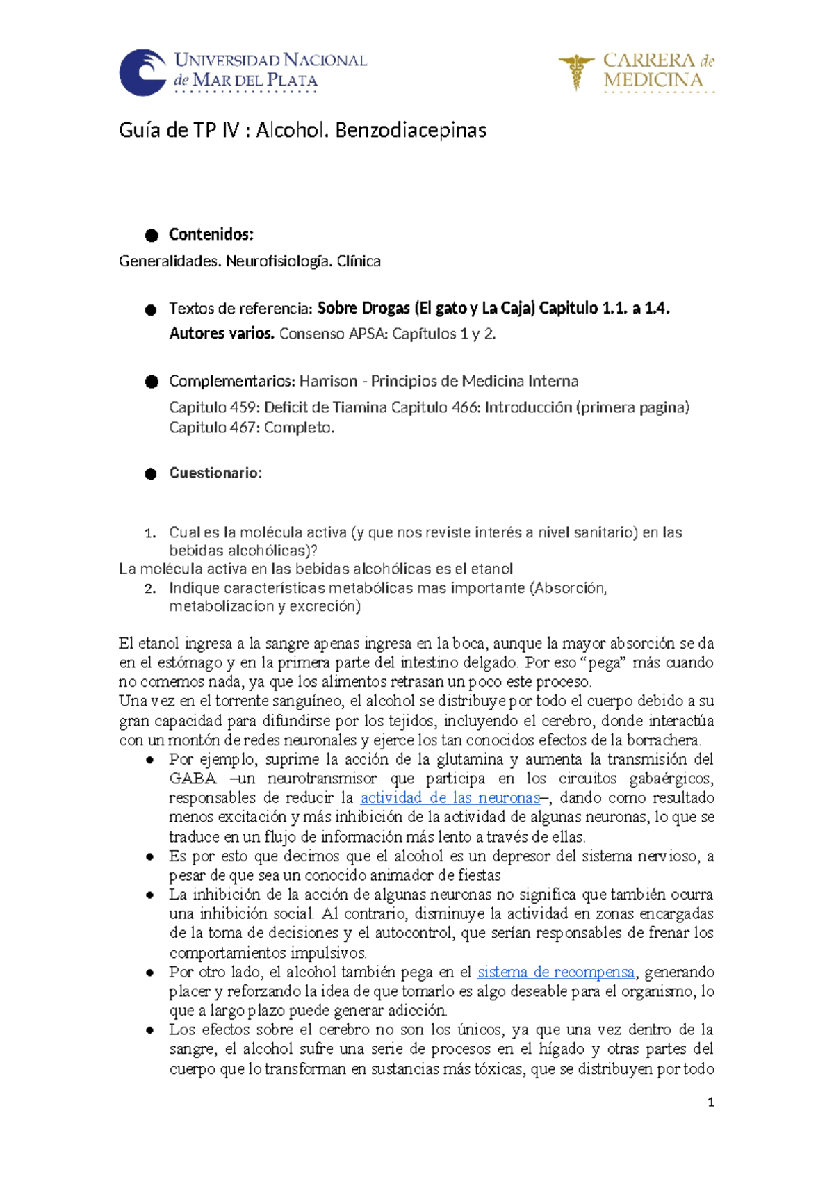 Guia TP 4. Alcohol y Benzodiacepinas - Guía de TP IV : Alcohol ...