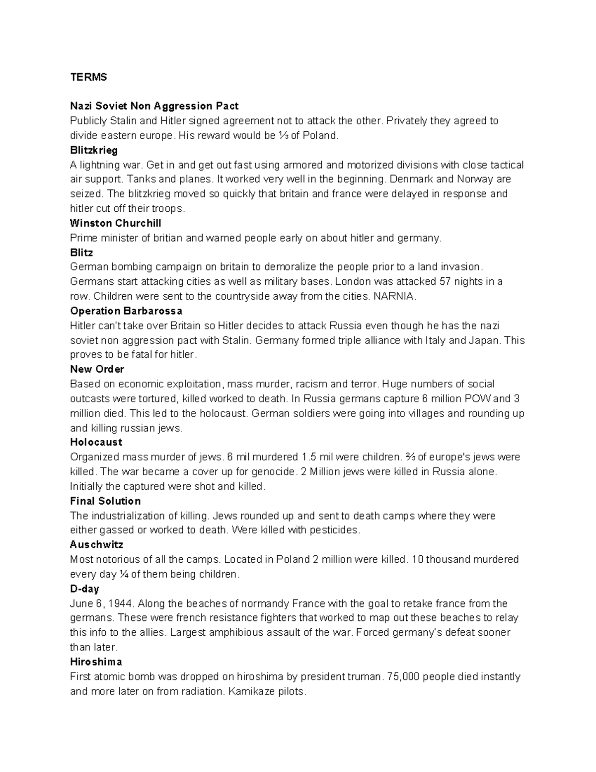 World War 2 - Lecture notes 1 - TERMS Nazi Soviet Non Aggression Pact ...