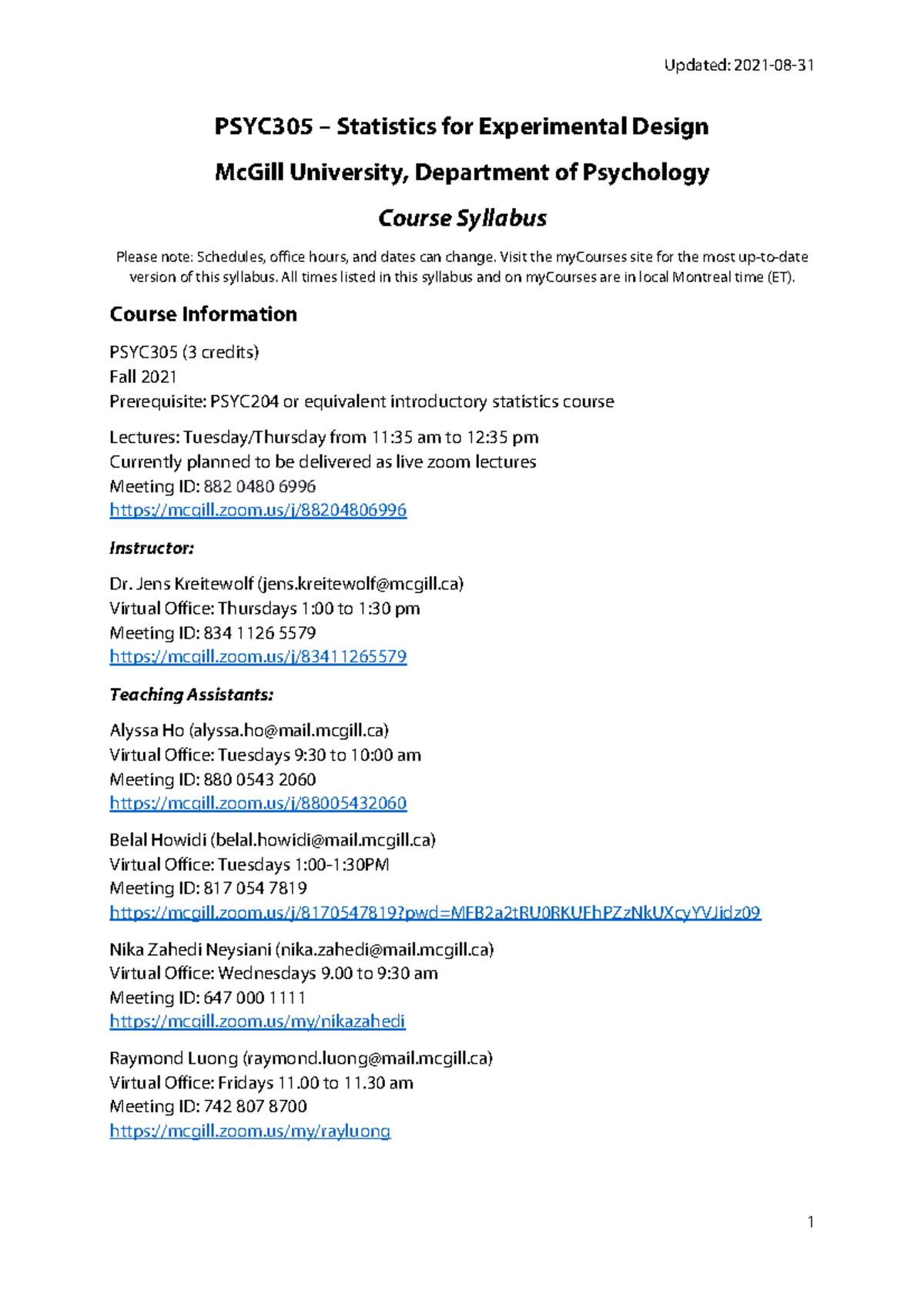 PSYC 305 Course Syllabus & Schedule Fall 2021 - PSYC305 – Statistics ...