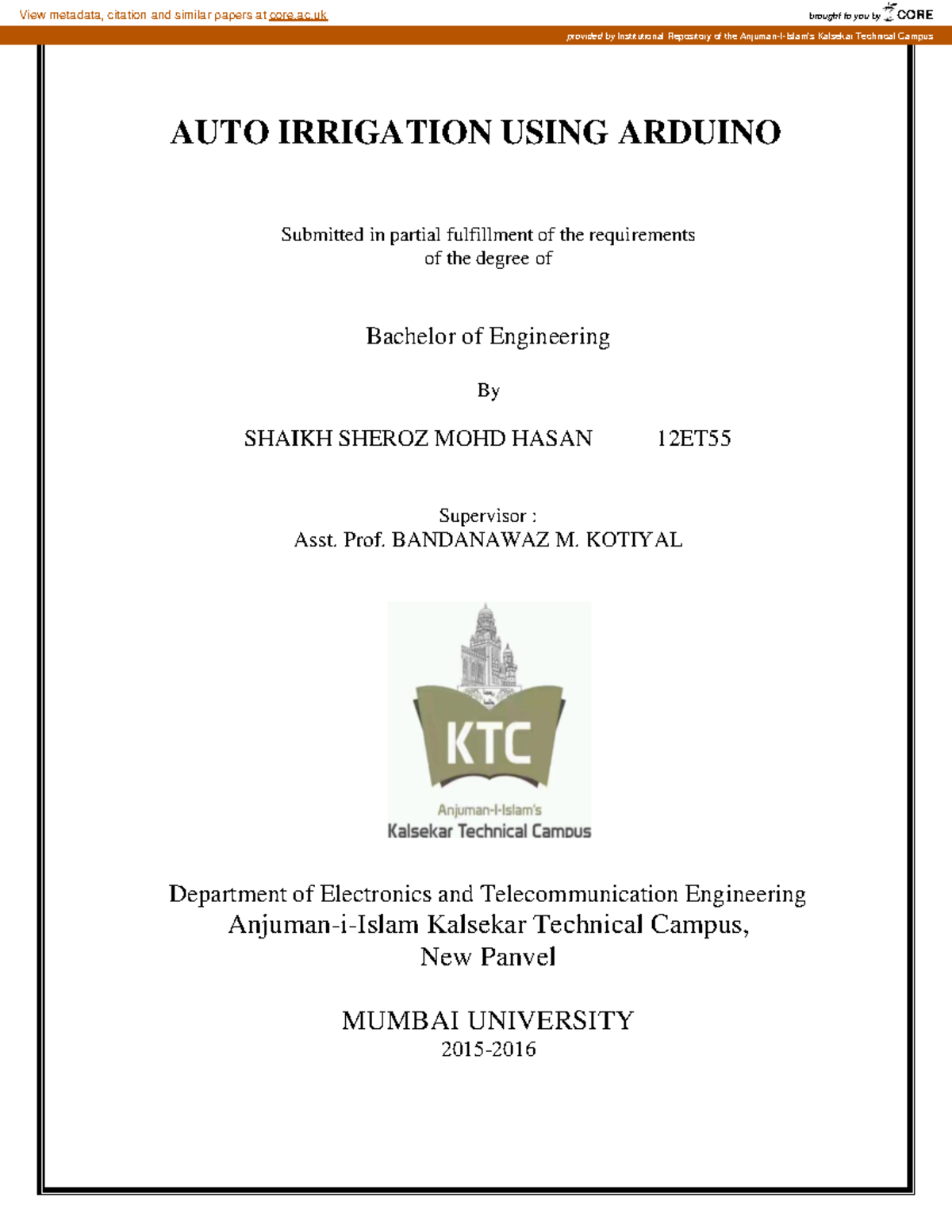 55305308 - Research - AUTO IRRIGATION USING ARDUINO Submitted in partial fulfillment of the ...