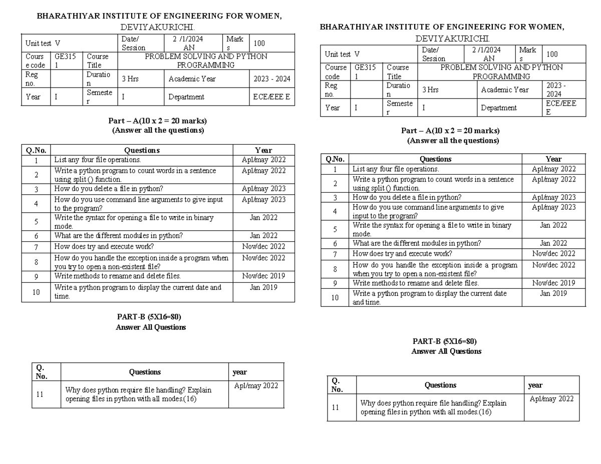 Python Unit Test 5 Ppsp Bharathiyar Institute Of Engineering For