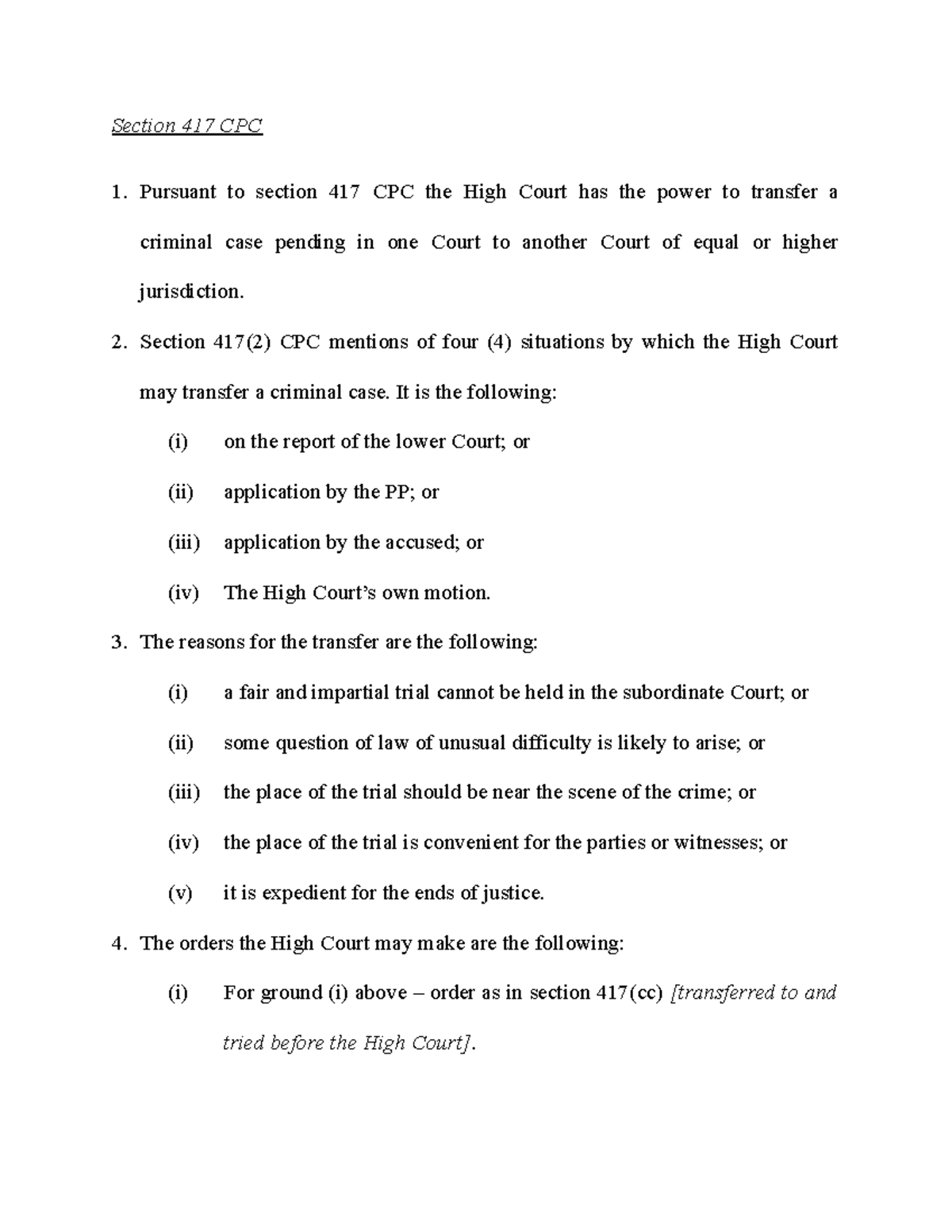 Transfer of cases - Section 417 CPC Pursuant to section 417 CPC the ...