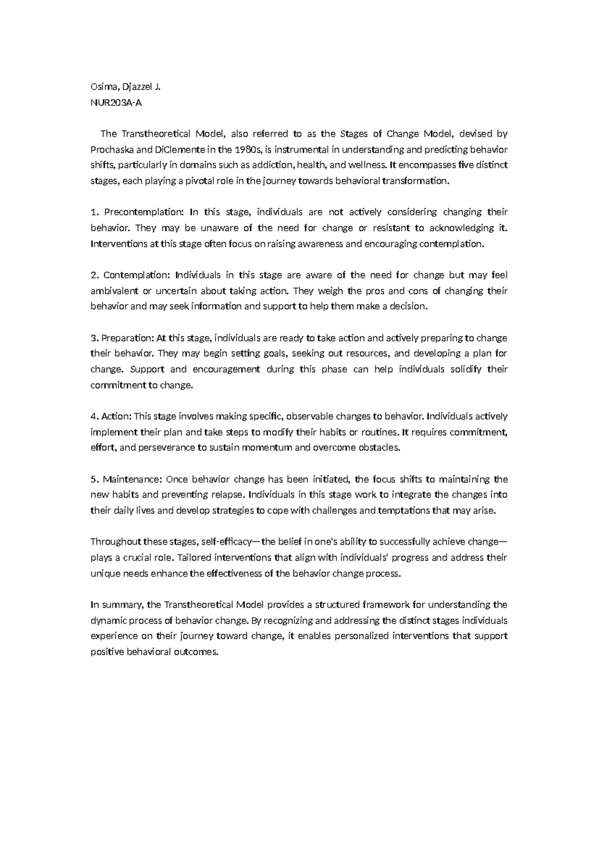 CHN Assignment 1-Transtheoretical Model - Osima, Djazzel J. NUR203A-A The Transtheoretical Model ...